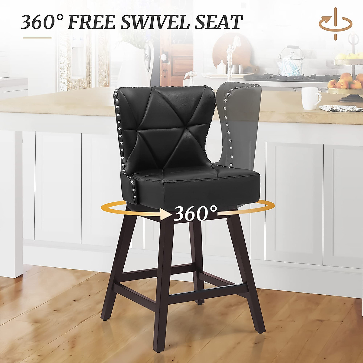 Cozyman Counter Height Bar Stools Set of 2, 26" H Swivel Bar Stool with Back, Faux Leather Counter Stool, Solid Wood Legs, Retro Upholstered Barstools for Kitchen Island, Home Bar, Pub, Black