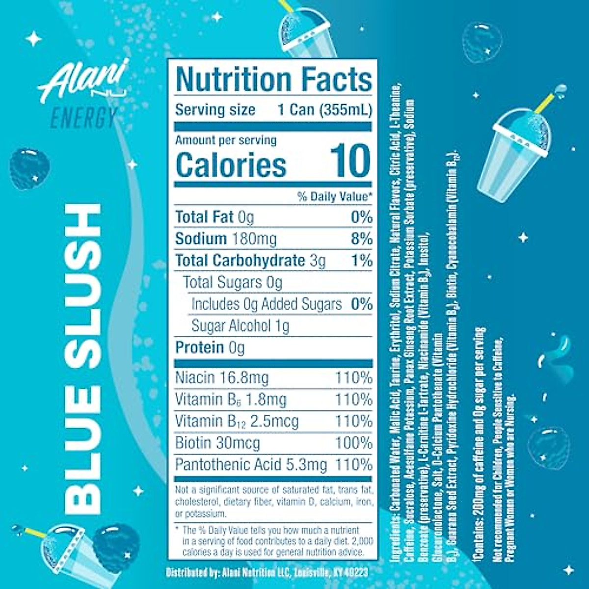 Alani Nu BLUE SLUSH Sugar Free, Low Calorie Energy Drinks | 200mg Caffeine | Biotin B Vitamins | Zero Sugar | 10 Calories | 12 Fl Oz Cans | 12 Pack