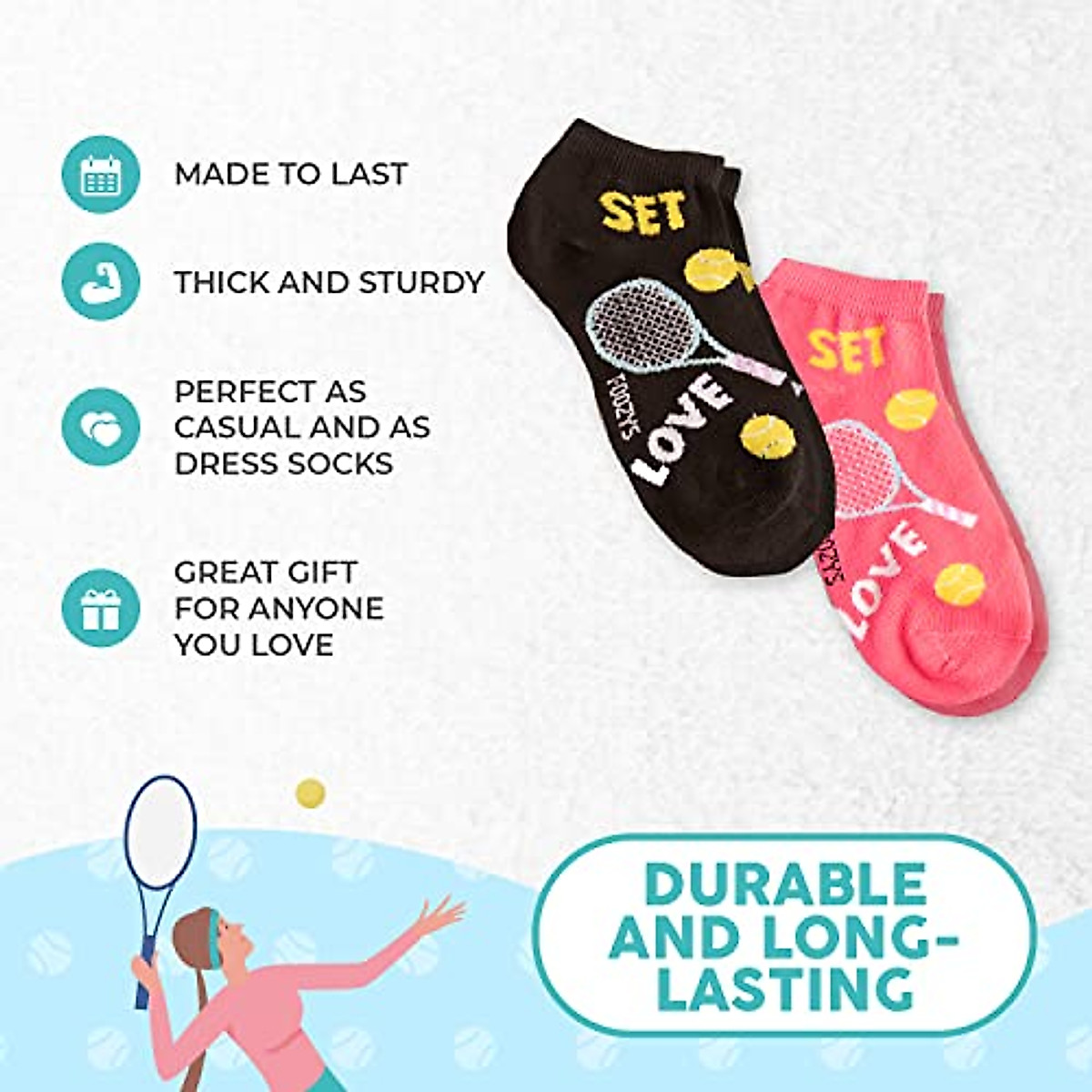 Foozys Women’s Low Cut No Show Socks - Tennis Cute Sport Themed Fashion Novelty Sock for Women - 2 Pairs Included in Two Colors - Girl Gifts, Sporty Racket Ball Stocking Stuffers