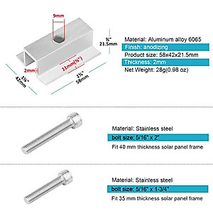 20 PCS Solar Panel Mount Mid Clamps, PV Panel Bracket Aluminum Mounting Accessories Support with Bolts