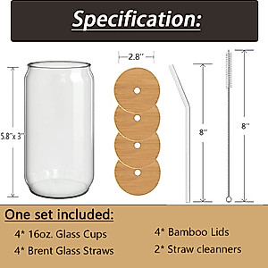 Drinking Glass Cups with Bamboo Lid and Glass Straws – 16oz Glasses Bottle for Soda Boba, Reuseable Iced Coffee Tumbler Mason Jar, Cute Smoothie Juice Cup Include Cleaning Brush (Set of 4)