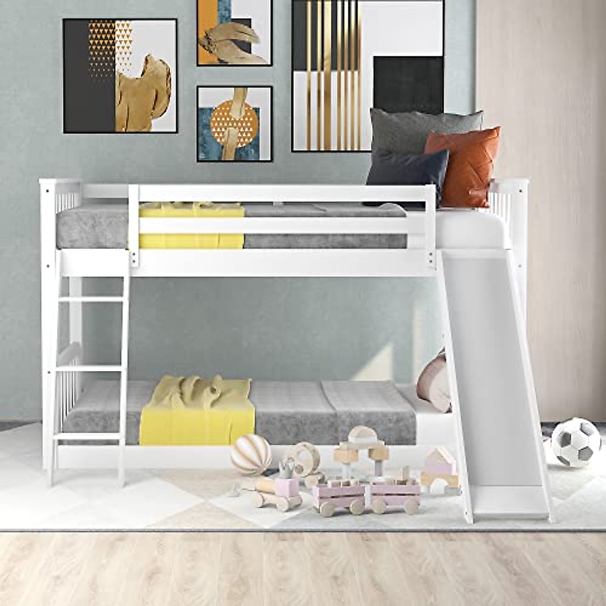 Tidyard Twin Over Twin Bunk Bed with Convertible Slide and Ladder, White for Bedroom Dorm Guest Room Home Furniture