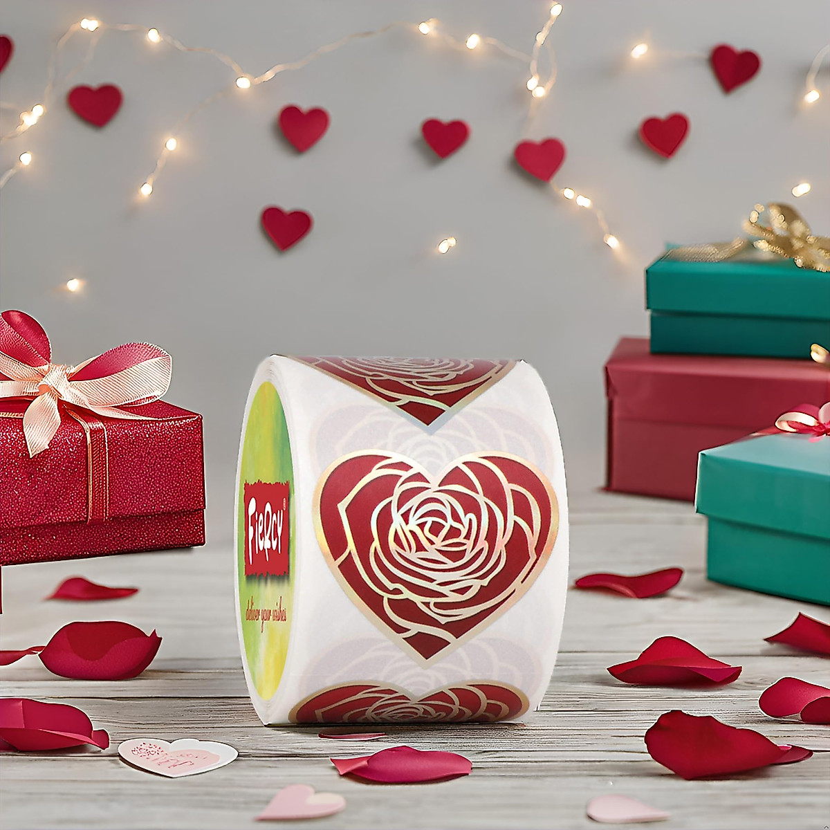 Rose Heart Stickers Roll, 1.5 inch Heart Self-Adhesive Labels for Personal and Business Use, Wedding Stickers for Favors, Love Stickers for Gift Wrap