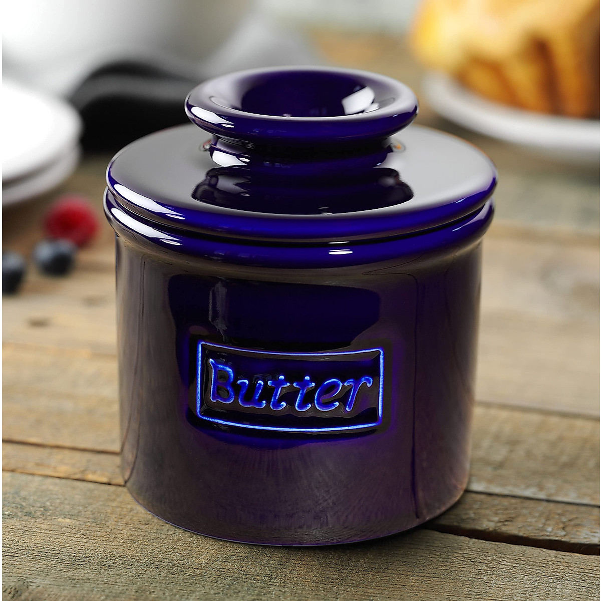 Butter Bell - The Original Butter Bell crock by L Tremain, a Countertop French Ceramic Butter Dish Keeper for Spreadable Butter, Café Retro Collection, Cobalt Blue, Glossy Finish