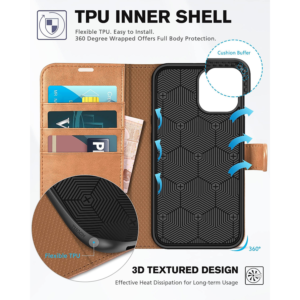 TUCCH Wallet Case for iPhone 12/iPhone 12 Pro 5G, Magnetic PU Leather Stand Flip Cover with TPU Protect Inner Shell, RFID Blocking Card Slot Compatible with iPhone 12/12 Pro 6.1-inch, Light Brown