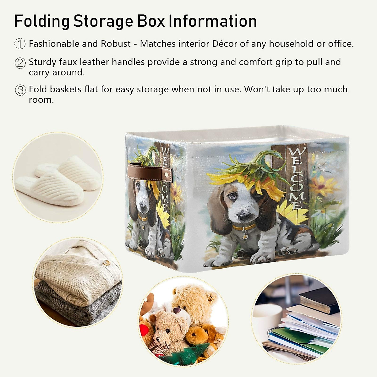 ALAZA Decorative Basket Rectangular Storage Bin, Welcome Sunny The Beagle Organizer Basket with Leather Handles for Home Office