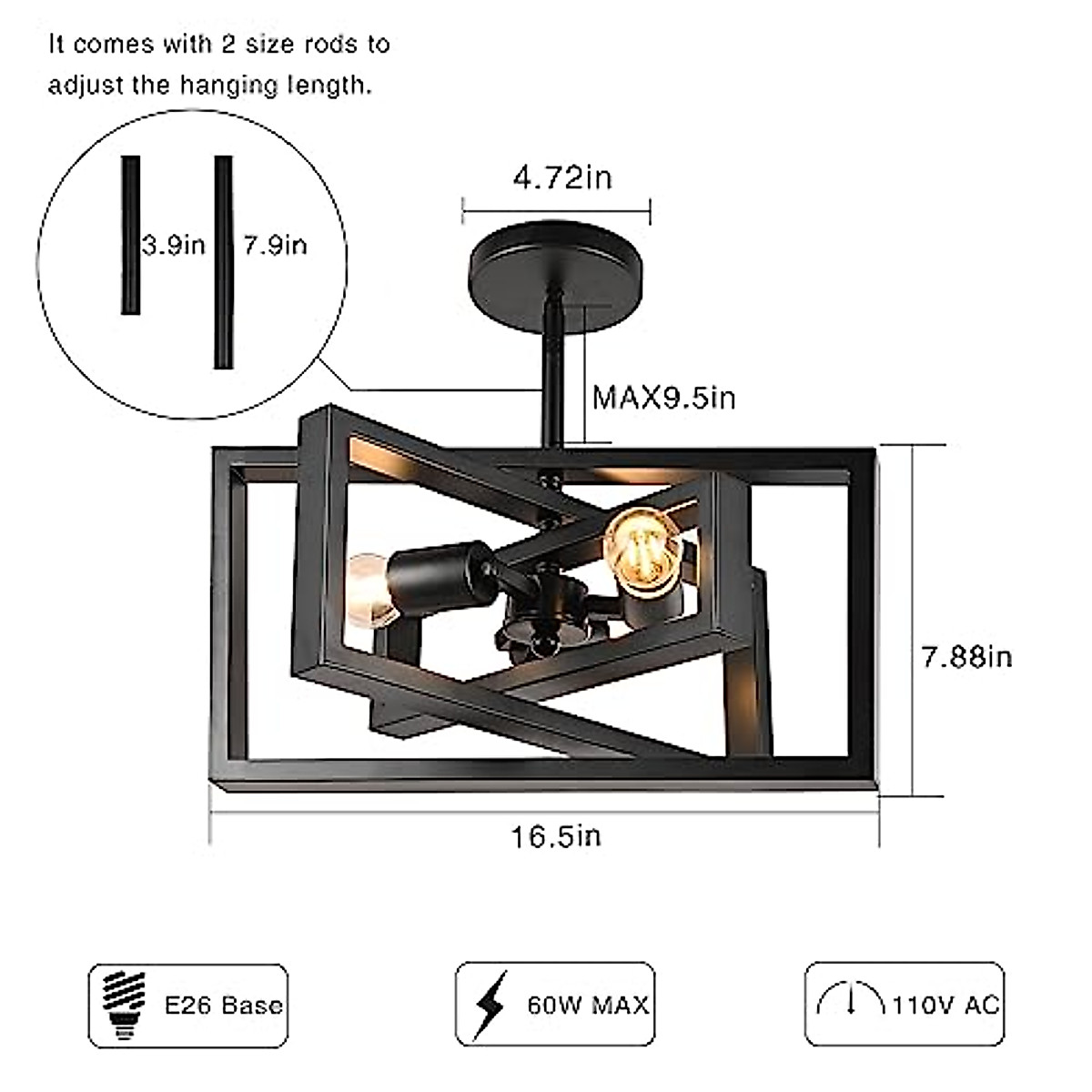 HuisMier 3 Lights Farmhouse Ceiling Light, Rustic Black Semi Flush Mount Ceiling Light Fixture Rectangular Metal Chandelier Lighting for Kitchen Foyer Hallway Bedroom Living Room Bathroom Entrance
