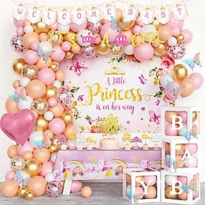 Fiesec Princess Baby Shower Decorations, A Little Princess Is On Her Way Baby Shower Backdrop Banner Balloon Tablecloth Cake Cupcake Topper Box Cutout Crown for Girls Baby Shower Gender Reveal