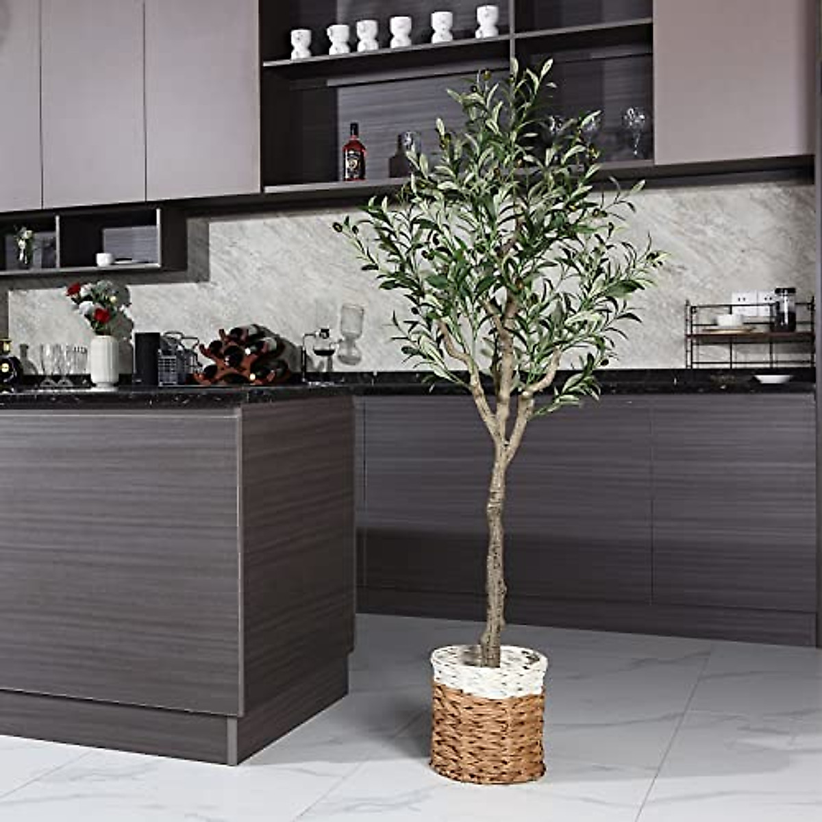 Dr.Planzen Artificial Olive Tree,5FT Tall Fake Plant Faux Olive Plants for Indoor,Natural Fake Tree,Artificial Silk Plants for Office Home Living Room Floor Patio Greening Porch Decor,Set of 1