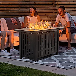 Greesum 43 Inch Outdoor Gas Fire Pit Table, 50,000 BTU Steel Propane Firepit with Wind Guard and Blue Glass Rock, Add Warmth and Ambience to Parties On Patio Garden Backyard, Black