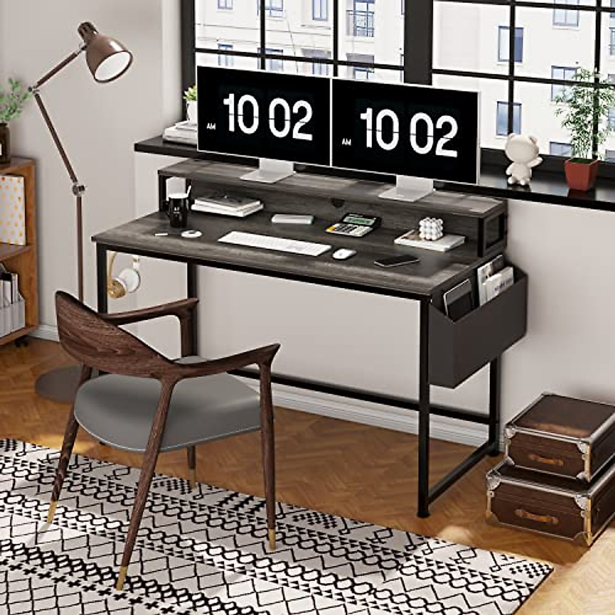 MUTUN 47" Computer Desk, Home Office Desks, Modern Writing Desk with Monitor Stand, PC Desk with Storage Bag and Hook, Grey Oak