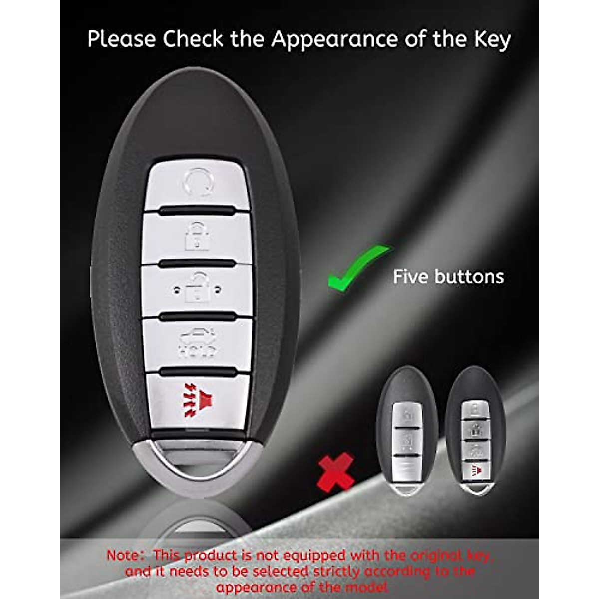 Key Fob Cover with Key Chain Only Fit for Nissan 5 Buttons Smart Key, Soft Silicone Full Protection and Metal Shell Smart Key Case, Silver