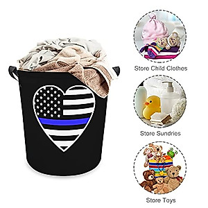 Police Thin Blue Line American Flag Large Laundry Basket Hamper Bag Washing with Handles for College Dorm Portable