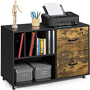 Yaheetech 2 Drawer Lateral File Cabinets with 4 Open Storage Shelves for Letter Size A4 Size, Mobile Large Filing Cabinet Printer Stand on Wheels for Home Office Black/Rustic Brown