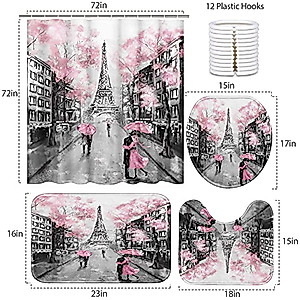 Britimes 4 Piece Shower Curtain Sets, with 12 Hooks, Oil Painting Pink Gray Paris with Non-Slip Rugs, Toilet Lid Cover and Bath Mat, Durable and Waterproof, for Bathroom Decor Set, 72" x 72"