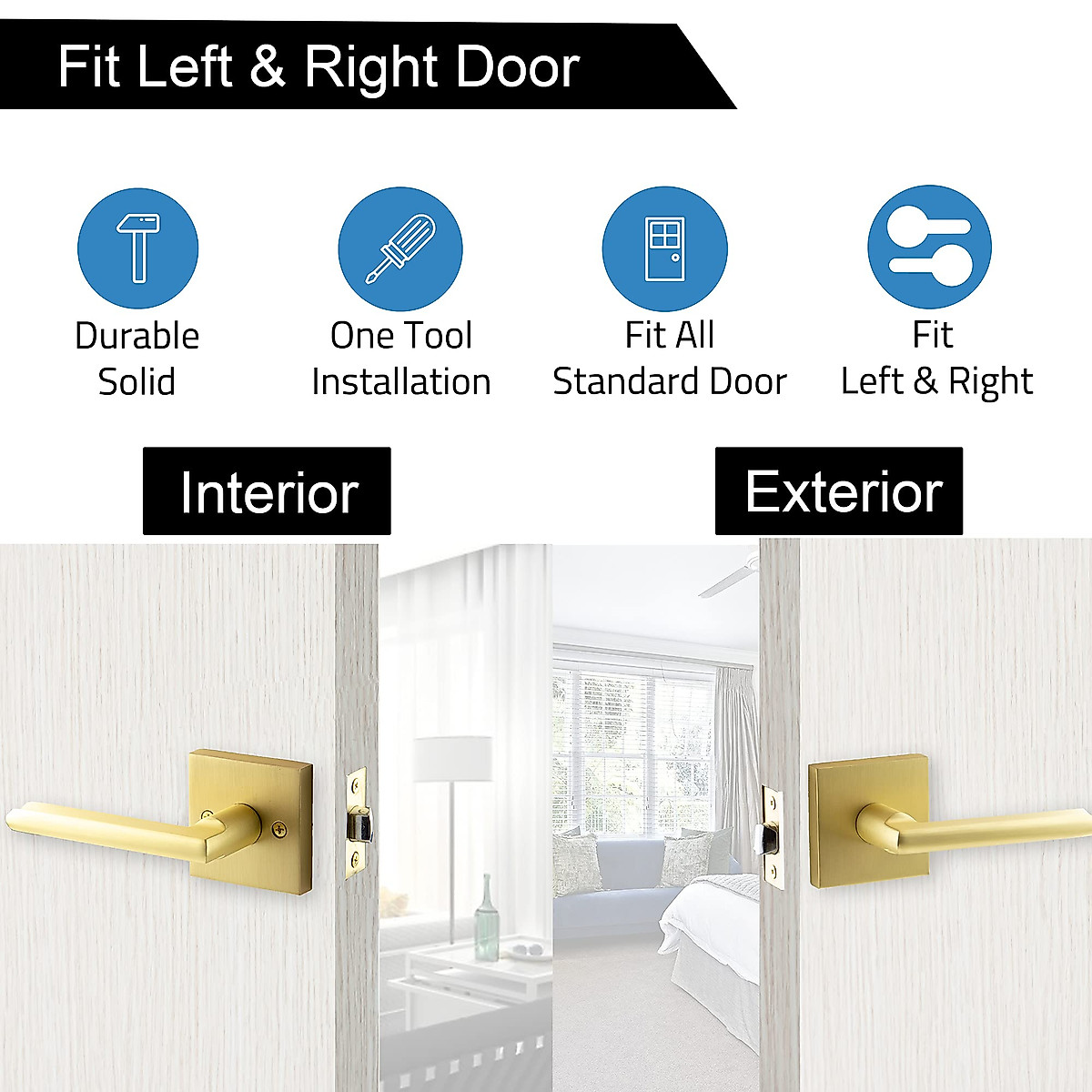 Linkaa Pivacy Door Lever Gold Stain Brass Lever Door Handle with Lock, Keyless Door Lock, Privacy Function Exterior/Interior Door Handles.