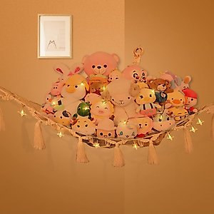 Stuffed Animal Hammock, 41inch Hand-Woven Toy Hammock Boho Tassel Macrame with Star Light String Corner Hanging Organizer Storage Plush Toys Net Holder for Nursery Play Room Kids Bedroom Decoration