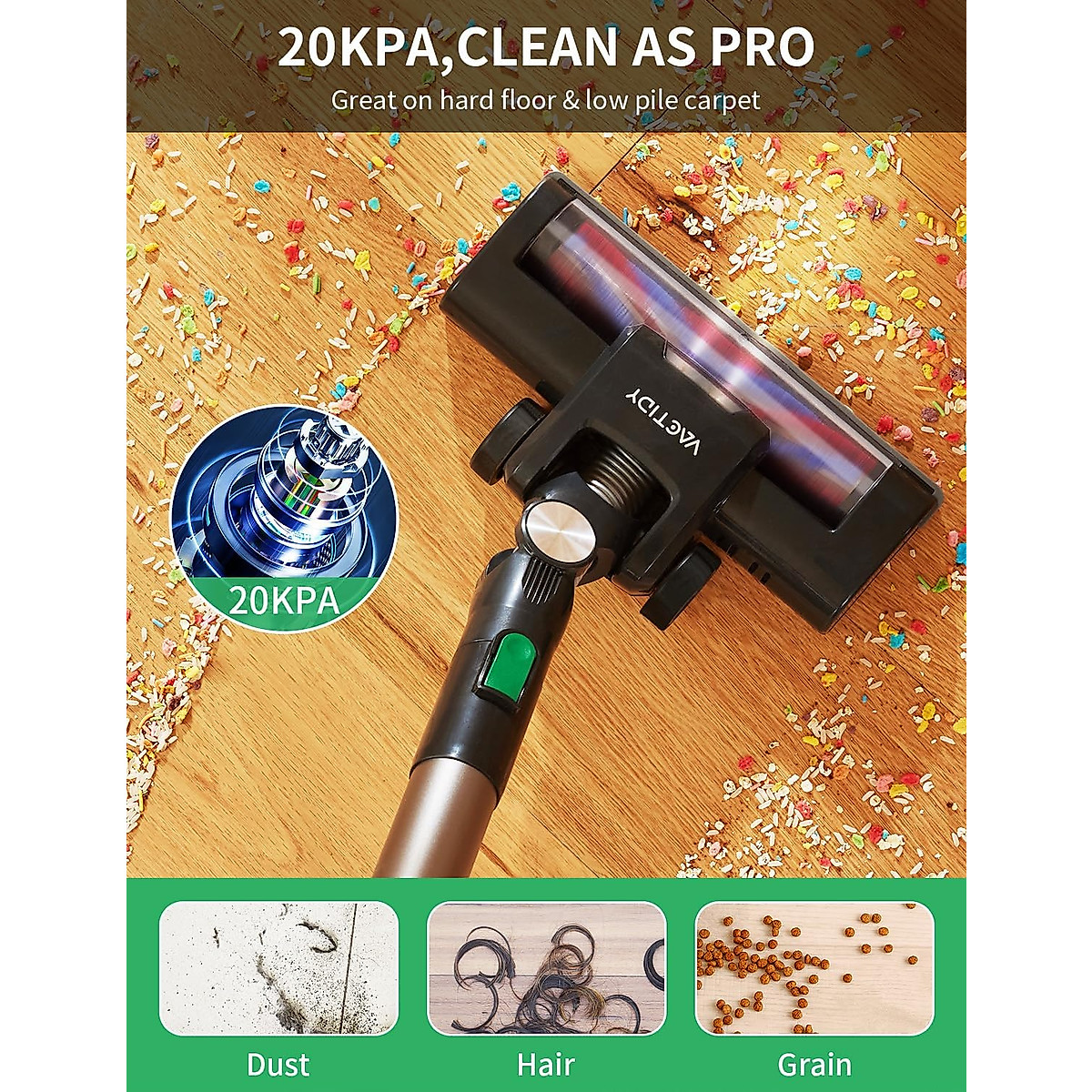 Vactidy Cordless Vacuum Cleaner, 20000Pa Powerful Suction, Rechargeable Battery, 6-in-1 Lightweight Stick Vacuum, Up to 35 Mins Runtime, for Hard Floor Carpet Pet Car Cleaning