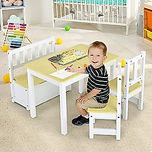 Costzon Kids Table and Chair Set, Wood Activity Table with Toy Storage Bench & 2 Chairs for Children Reading, Arts, Crafts, Snack Time, Homework, Playroom, Toddler Table and Chair Set (Natural)