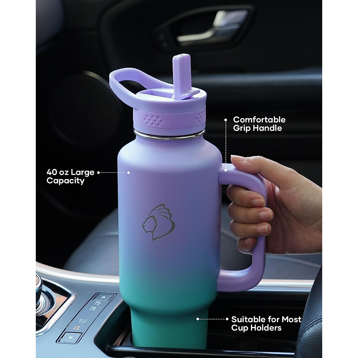 BUZIO Insulated Water Bottle with Handle & Flip Straw, 40oz Metal Travel Tumbler Fits in Cup Holders, Dishwasher Safe Leakproof Sport Thermos, Gift for Him&Her, Keep Cold for 48hrs, Dark Purple Green