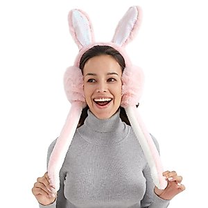 Surblue Foldable Cute Rabbit Moving Earmuffs Winter Warm Outdoor Ear Covers Headband Fur Earwarmer Pink