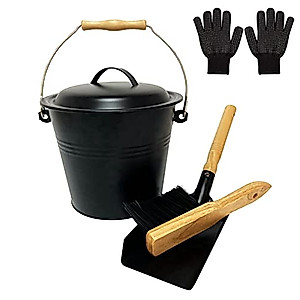 Mini Ash Bucket with Shovel, Gloves and Hand Broom, 1.5-Gallon Pail with Lid, Metal Bucket Coal and Ash Carrier Wood Pellet Storage Container Tool Set for Fireplace Fire Pit, Iron Ash Stove