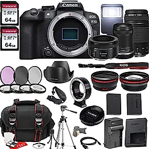 Canon EOS R10 Mirrorless Camera w/RF-S 18-150mm f/3.5-6.3 is STM Lens + EF 75-300mm f/4-5.6 III Lens + EF 50mm f/1.8 STM Lens + 2X 64GB Memory + Hood + Case + Filters + Tripod & More (35pc Bundle)