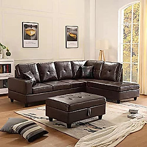 OPTOUGH 3 PC Sectional Faux Leather Sofa Set with Storage Ottoman, 2 Pillows Included, Living Room Couch, Brown
