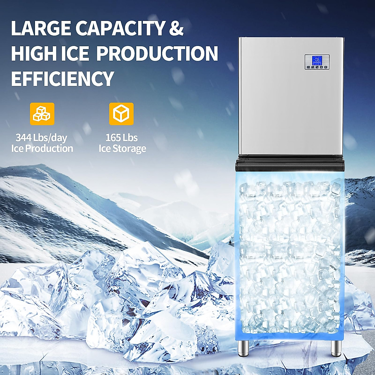 LoJok Commercial Ice Maker Machine 344LBS/24H, Ice Maker with 24H Smart Appointment Scheldluing Ice Making, Industrial Ice Machine with 165LBS Large Storage Bin, Ice Ready in 15 mins