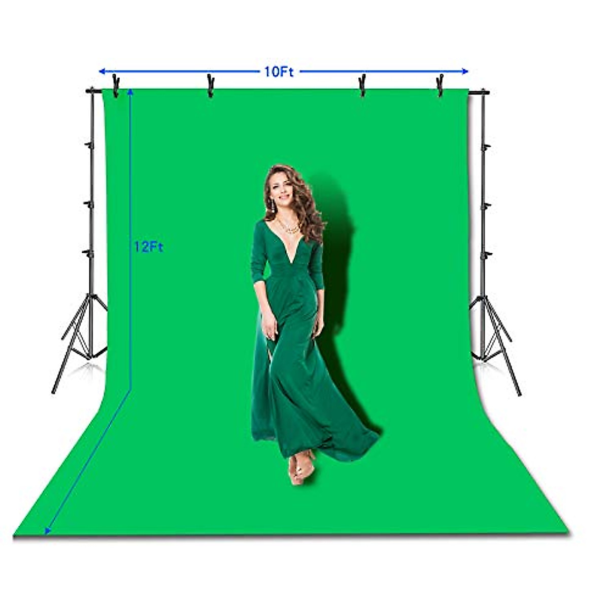 HYJ-INC Photo Video Studio 10 x12ft 100% Cotton Muslin Chromakey Green Screen Backdrop with 8.5 x 10ft Stand Photography Background Support System Kit Clamp, Carry Bag