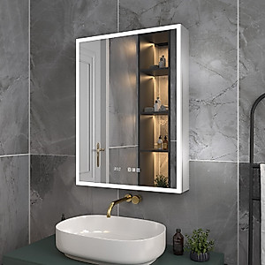 ExBrite Lighted Medicine Cabinet 24 x 32 Inch,Recessed or Surface led Medicine Cabinet, Clock&Room Temp Display,Defog,Dimming,Medicine Cabinet with Lights 3-Color Temper Chang,Hinge on The Left