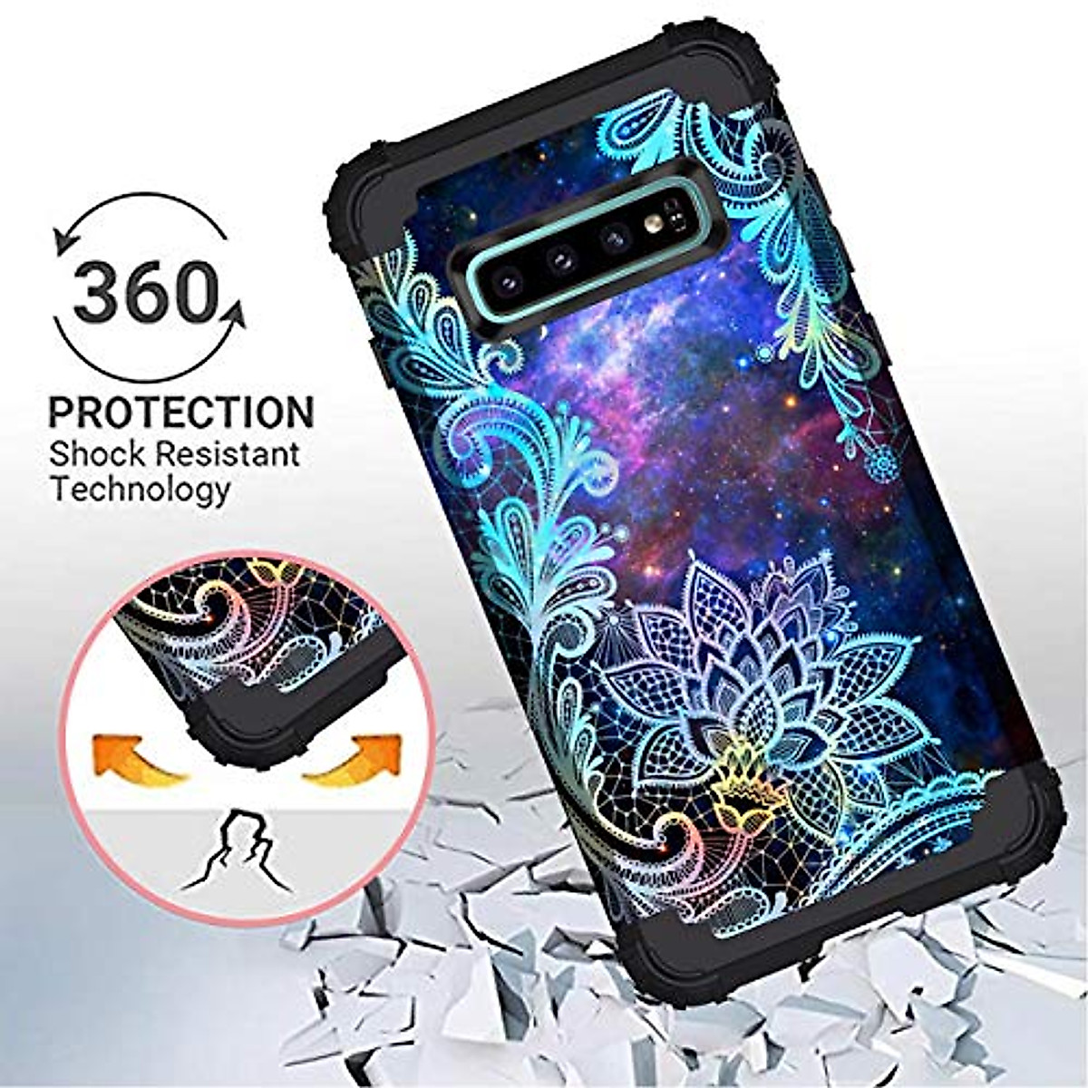 Casetego Compatible with Galaxy S10 Case,Floral Three Layer Heavy Duty Hybrid Sturdy Shockproof Full Body Protective Cover Case for Samsung Galaxy S10,Mandala