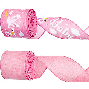 Chuangdi 2 Rolls Baby Ribbon 10 Yards Burlap Wired Ribbon 2.5 Inch Cute Ribbon for Baby Shower Diaper Cake Home Baby Girl Boy Favors Wreaths Bows Crafts Decorations Gift Box Table Decor (Pink)