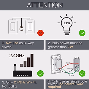 MOES WiFi Smart Light Switch No Neutral Wire, No Capacitor, No hub Required Single Live Wire Push Button, Tuya Smart Life App Remote Control Work with Alexa and Google Home, White Minimum 7W