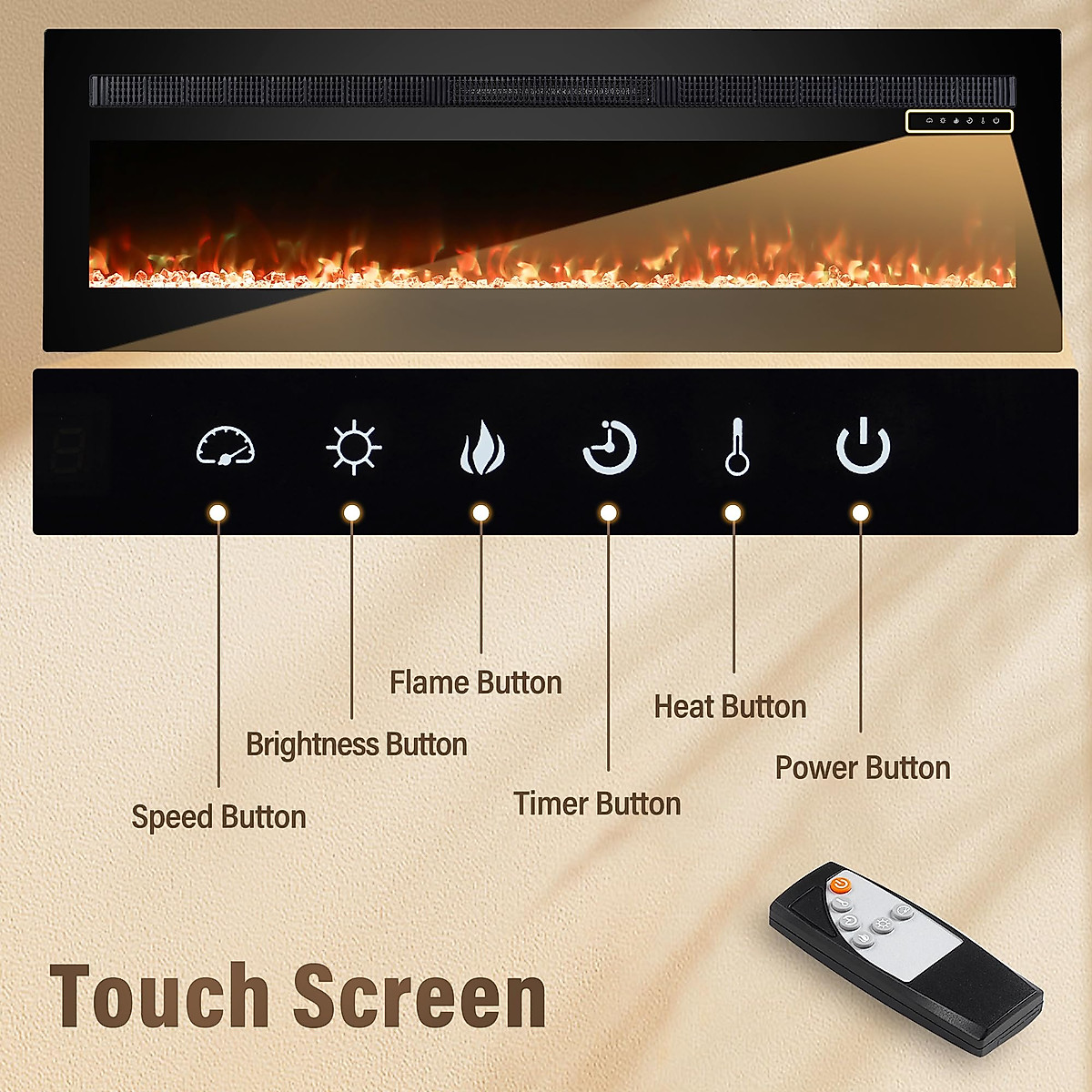 60 Inches Electric Fireplace with 20 Realistic Flames, Ultra Thin Wall Mounted Fireplace with Remote Control, Log Set & Crystals, Independent Flame and Heat Control for Year-Round Use, Black