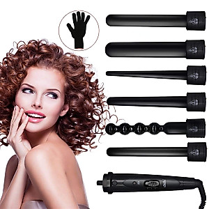 6 in 1 Curling Iron Wand Set with 6 Interchangeable Ceramic Barrels and Heat Protective Glove (Black-6in1) (Black-6)