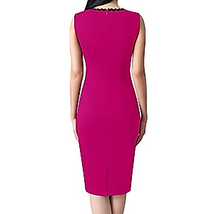 VFSHOW Womens Wear to Work Button Patchwork Trim Crew Neck Fitted Office Business Party Cocktail Bodycon Pencil Sheath Dress (Hot Pink, Large) 10186 PIK L