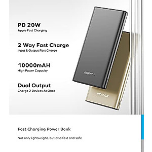 MOMAX Portable Charger, 10000mAh 20W PD Aluminum Ultra Slim Power Bank 3A High-Speed Thin Phone Charger with 2 Input & 2 Output Compatible with iPhone, Samsung Galaxy, MacBook, Pixel & More (Grey)