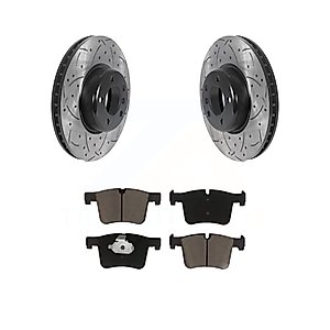 Transit Auto - Front Coated Drilled Slotted Disc Brake Rotors And Ceramic Pads Kit For BMW 335i xDrive 435i 328i GT 328d 330i Gran Coupe KDC-100039