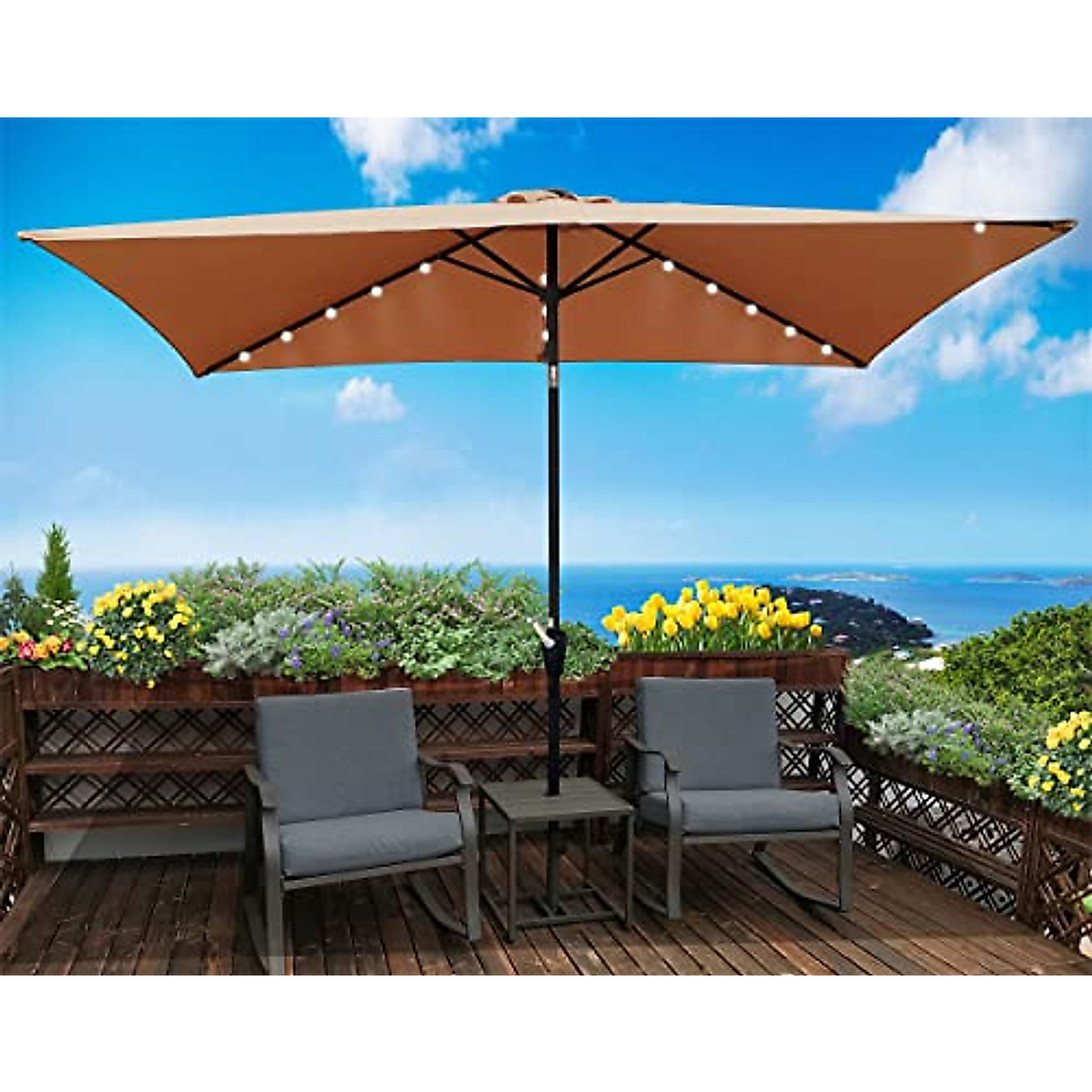 10*6.5ft Solar Patio Umbrella, 26 LED Lighted Rectangular Market Umbrellas with Crank & Push Button Tilt, Table Outdoor Patio Umbrella with Fade-Resistant Polyester Canop, 6 Heavy Duty Square Ribs for Garden Swimming Pool Backyard, Brown