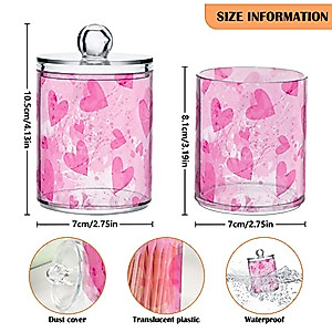 MNSRUU 2 Pack Qtip Holder Organizer Dispenser Pink Hearts Bathroom Storage Canister Cotton Ball Holder Bathroom Containers for Cotton Swabs/Pads/Floss