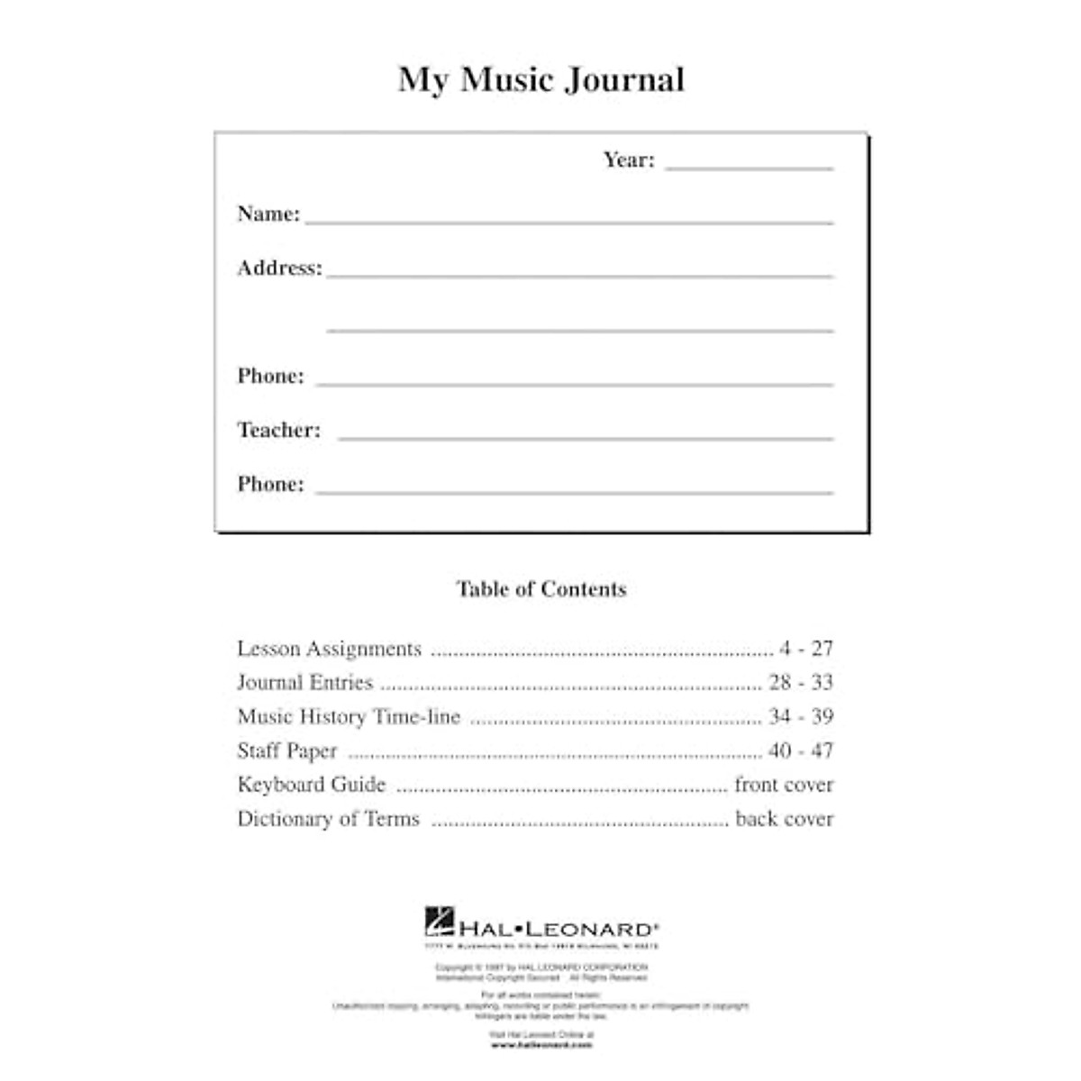 My Music Journal - Student Assignment Book: Hal Leonard Student Piano Library
