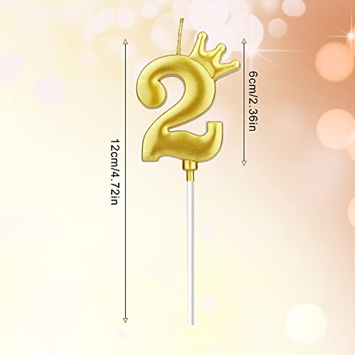 2.36in Birthday Number Candle, 3D Candle Cake Topper with Crown Cake Numeral Candles Gold Number Candles for Birthday Anniversary Parties (2)