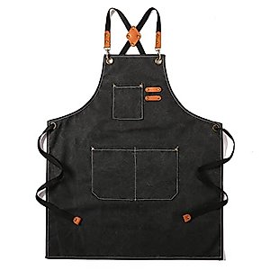 Tosewever Canvas Cross Back Chef Apron for Men Women with Adjustable Straps Large Pockets, Waterdrop Kitchen Heavy Duty Cotton Aprons for Tool Cooking BBQ Artist, M to XXL (Black)