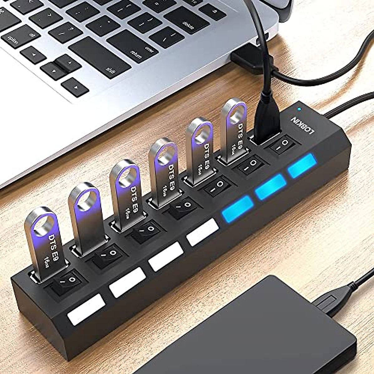 USB Hub Multi Port Splitter - LOBKIN 7 Port Data Hub USB 2.0 with Individual On/Off Switch and LED Lights Portable Desktop USB Hub Extender Ports for Laptop Computer PC MacBook