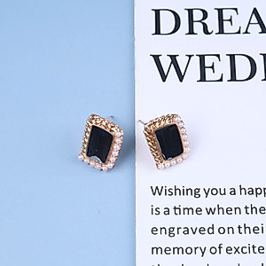 Sttiafay Vintage Black Square Earrings Onyx Square Stud Earrings Black Enamel Square Earrings Tiny Pearl Square Stud Earrings Jewelry for Women and Girls