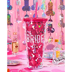 xo, Fetti Pink Confetti Bride Rhinestone Plastic Tumbler - 24 oz | Bachelorette Party, Bride to Be Gift, Bridal Shower Supplies, Engagement