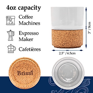 White Double Espresso Cups Set of 4 - Removable Cork Insulating Base Ceramic Coffee Cup Mug 4oz with Removable Cork Sleeve - Stackable - Handleless