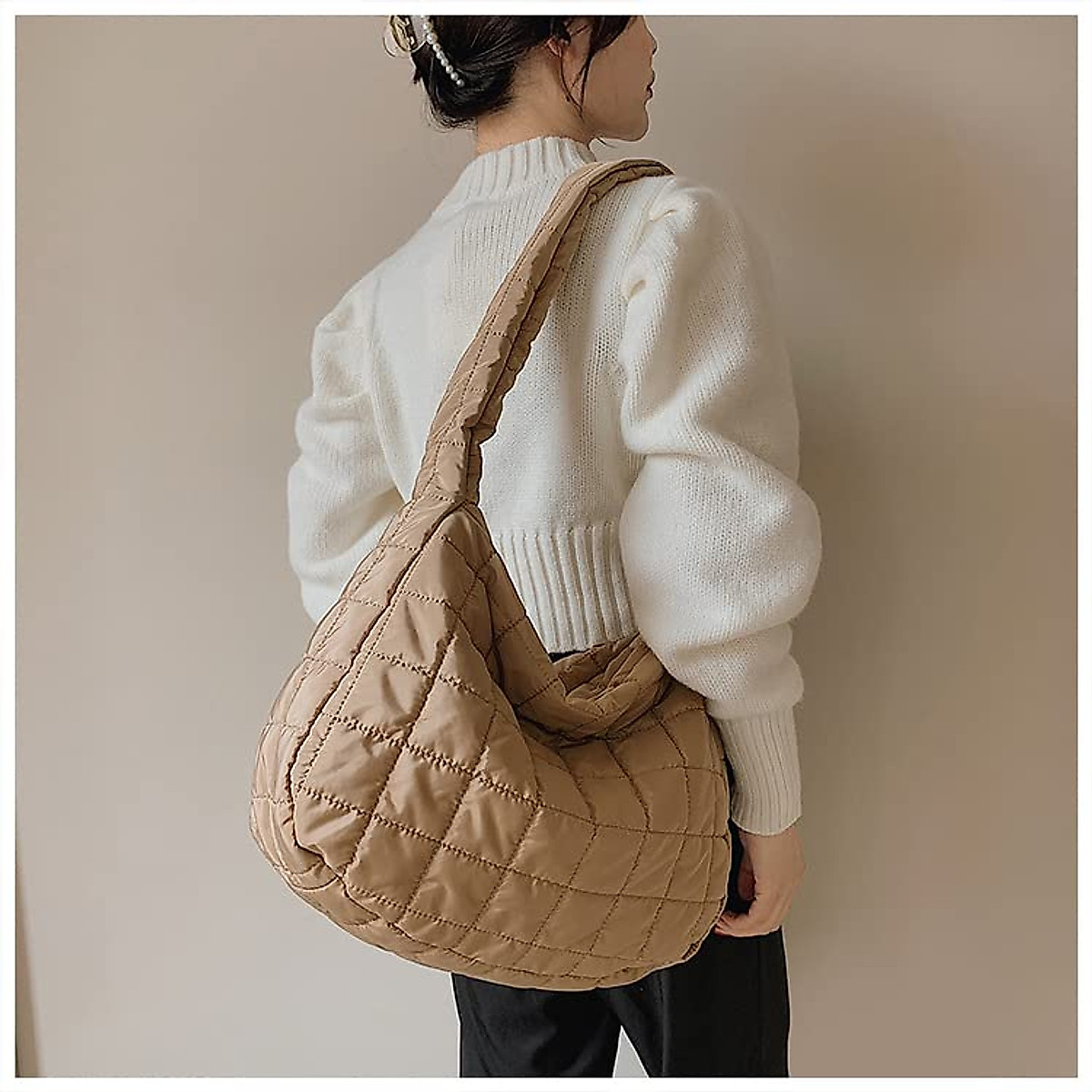 Puffer Bag Quilted Down Cotton Padding Shoulder Bag for Women Large Puffy Tote Bag Autumn Winter Lightweight Crossbody Handbag (Khaki)