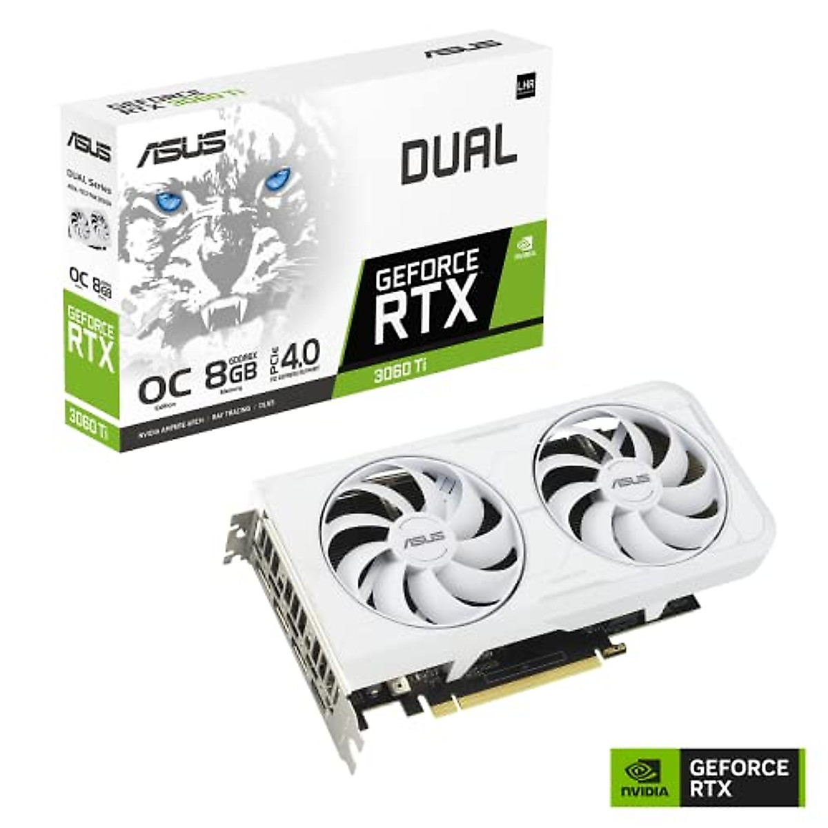 ASUS Dual NVIDIA GeForce RTX 3060 Ti White OC Edition Graphics Card (PCIe 4.0, 8GB GDDR6X Memory, HDMI 2.1, DisplayPort 1.4a, 2-Slot Design, Axial-tech Fan Design, 0dB Technology, and More)